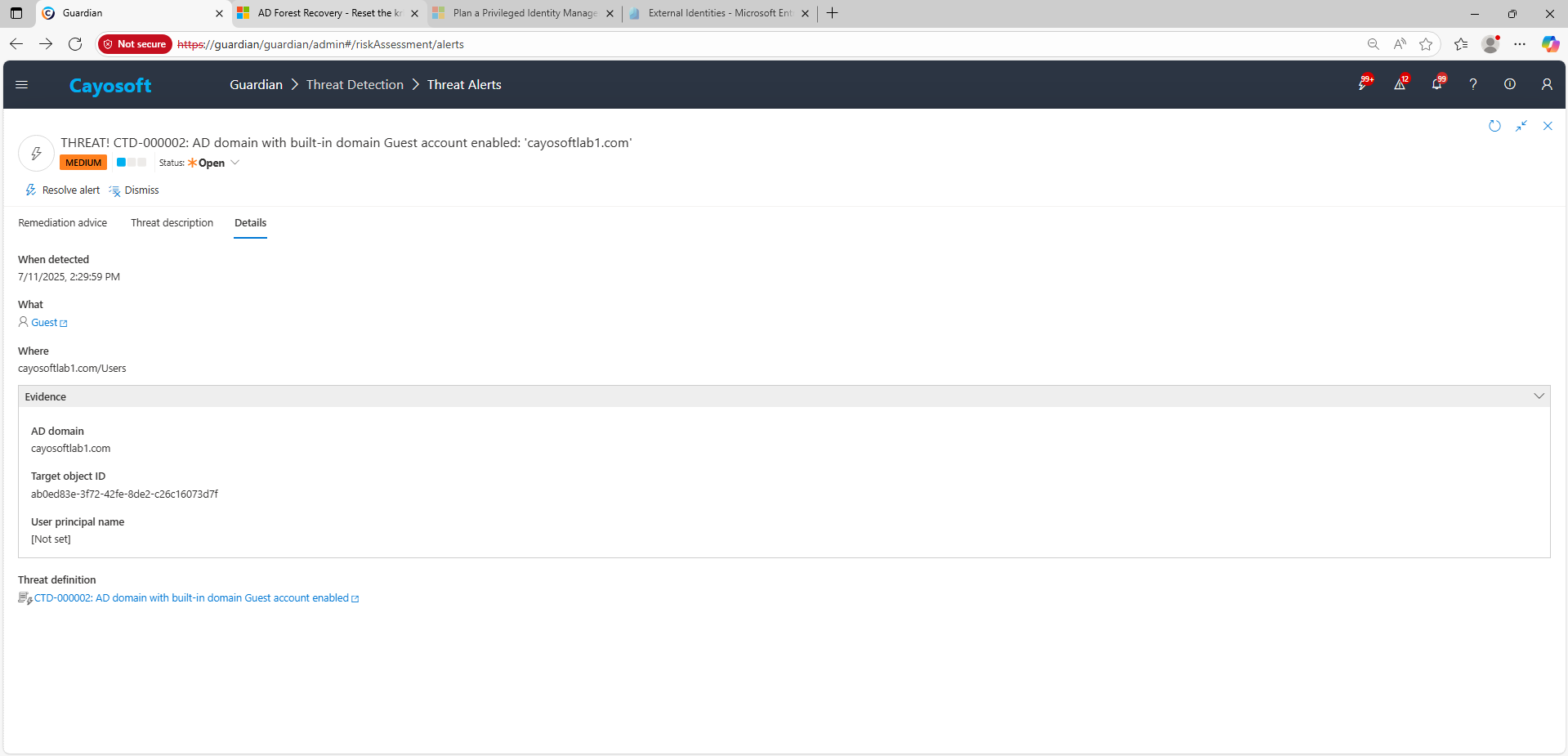 AD domain with built-in domain Guest account enabled - Cayosoft